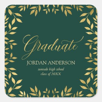Elegant Faux Gold Leaves Green Graduate Square Sticker | Zazzle