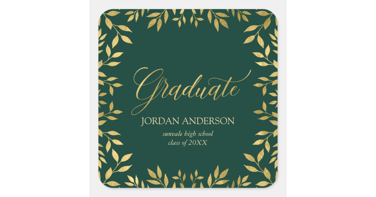 Elegant Faux Gold Leaves Green Graduate Square Sticker | Zazzle