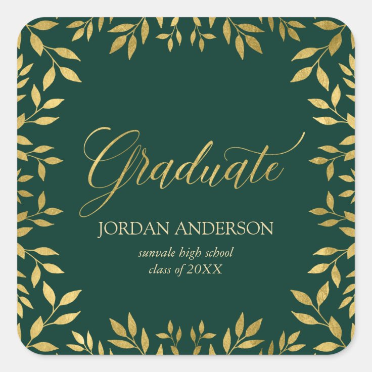 Elegant Faux Gold Leaves Green Graduate Square Sticker | Zazzle