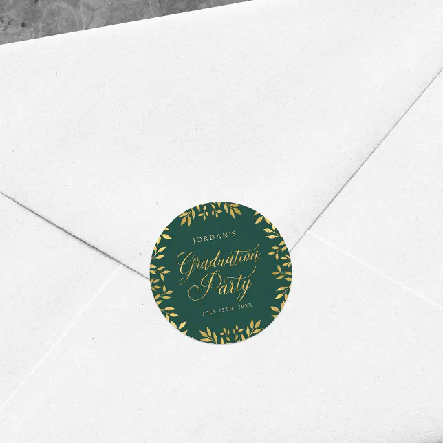 Elegant Faux Gold Leaves Green Graduation Party Classic Round Sticker ...
