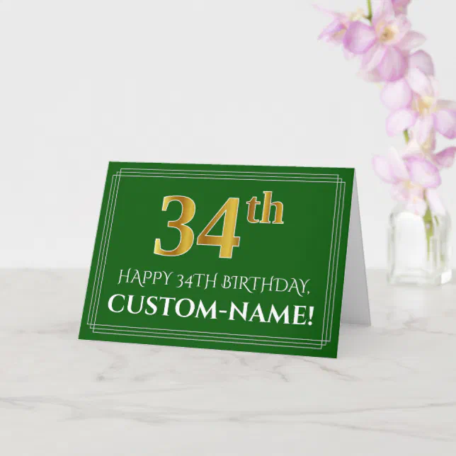 Elegant Faux Gold Look 34th Birthday, Name (Green) Card | Zazzle