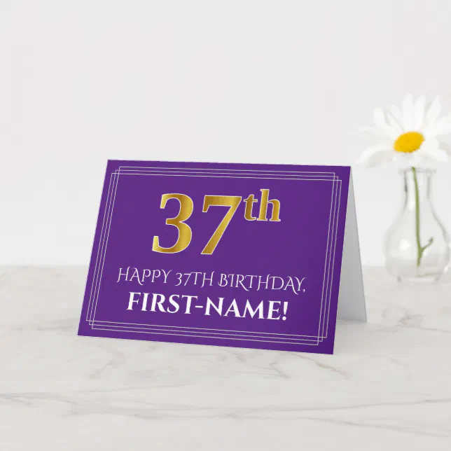 Elegant Faux Gold Look 37th Birthday, Name; Purple Card | Zazzle