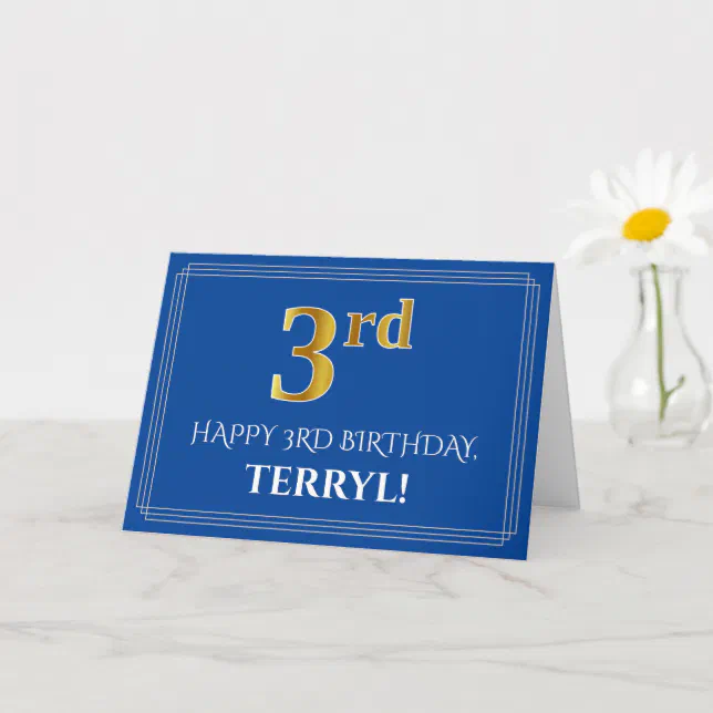 Elegant Faux Gold Look 3rd Birthday, Name (Blue) Card | Zazzle