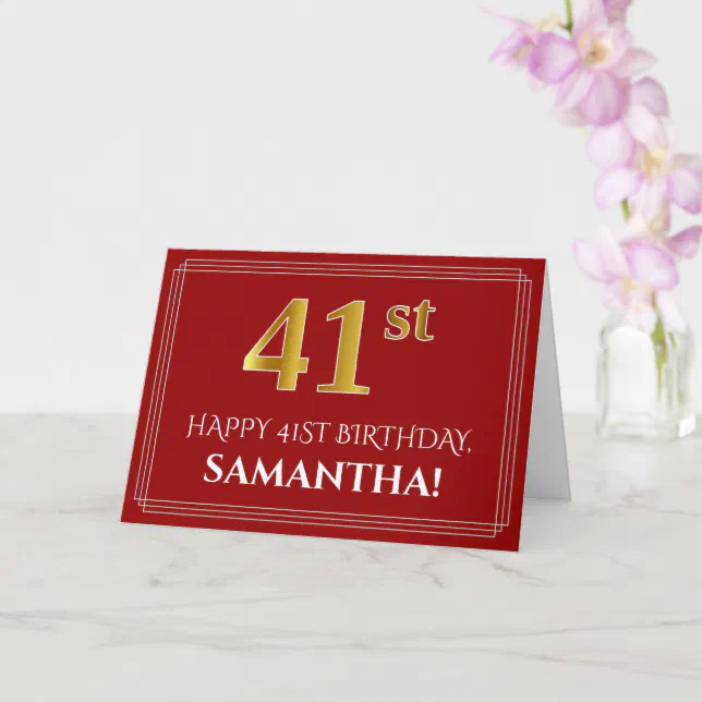 Elegant Faux Gold Look "41st" Birthday, Name (Red) Card | Zazzle