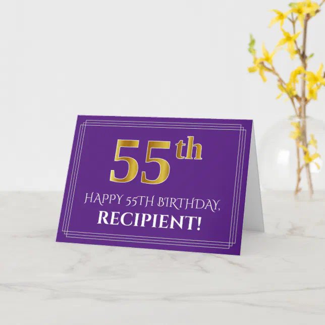 Elegant Faux Gold Look 55th Birthday, Name; Purple Card | Zazzle