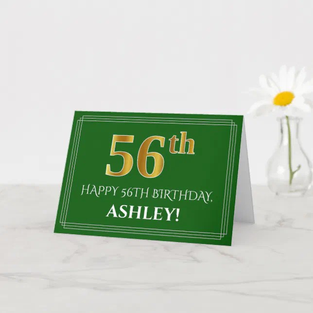 Elegant Faux Gold Look 56th Birthday, Name (Green) Card | Zazzle