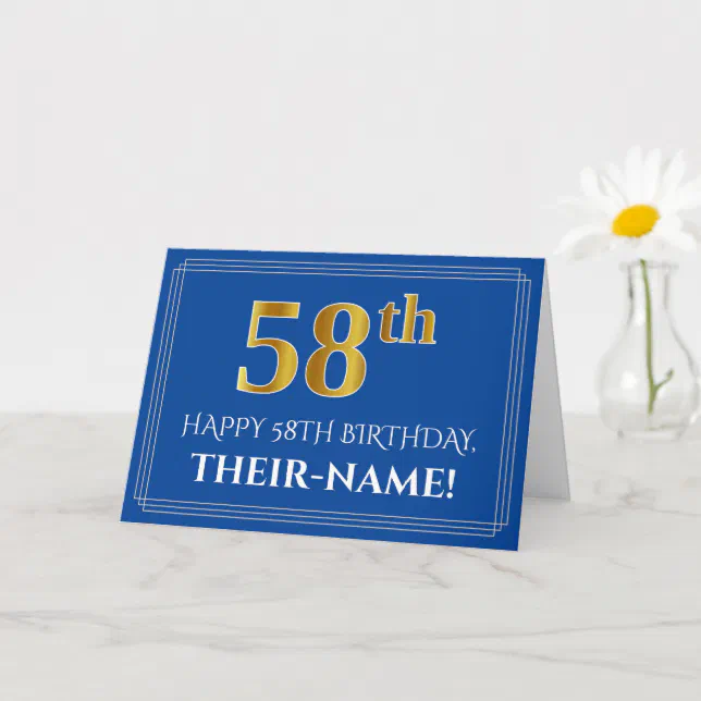 Elegant Faux Gold Look 58th Birthday, Name (Blue) Card | Zazzle
