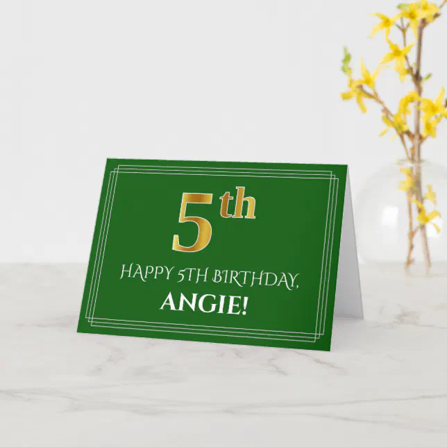 Elegant Faux Gold Look 5th Birthday, Name (Green) Card | Zazzle