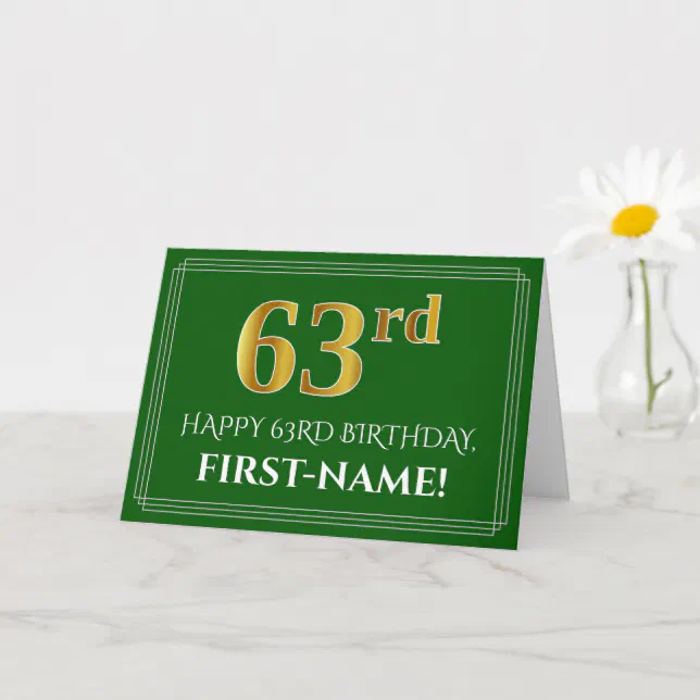 Elegant Faux Gold Look 63rd Birthday, Name (Green) Card | Zazzle