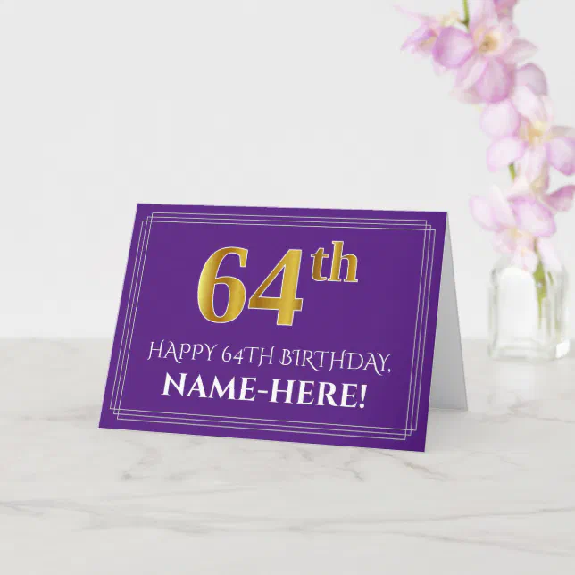 Elegant Faux Gold Look 64th Birthday, Name; Purple Card | Zazzle
