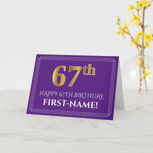 Elegant Faux Gold Look 67th Birthday, Name; Purple Card | Zazzle