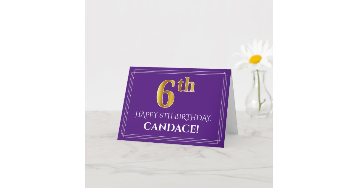 Elegant Faux Gold Look 6th Birthday, Name; Purple Card | Zazzle