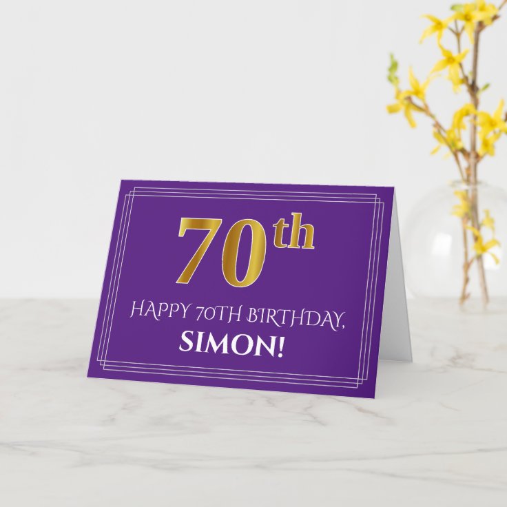Elegant Faux Gold Look 70th Birthday, Name; Purple Card | Zazzle