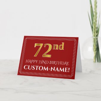 Elegant Faux Gold Look "72nd" Birthday, Name (Red) Card | Zazzle