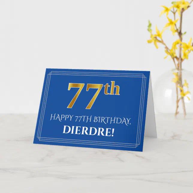 Elegant Faux Gold Look 77th Birthday, Name (Blue) Card | Zazzle