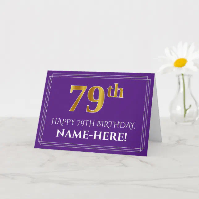Elegant Faux Gold Look 79th Birthday, Name; Purple Card | Zazzle