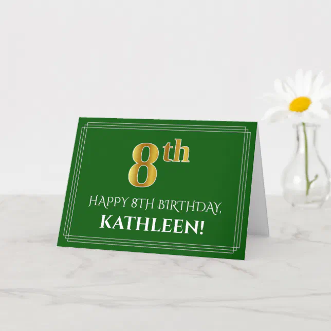 Elegant Faux Gold Look 8th Birthday, Name (Green) Card | Zazzle