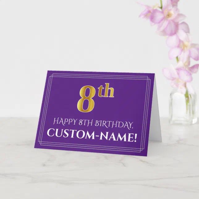 Elegant Faux Gold Look 8th Birthday, Name; Purple Card | Zazzle