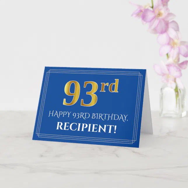 Elegant Faux Gold Look 93rd Birthday, Name (Blue) Card | Zazzle