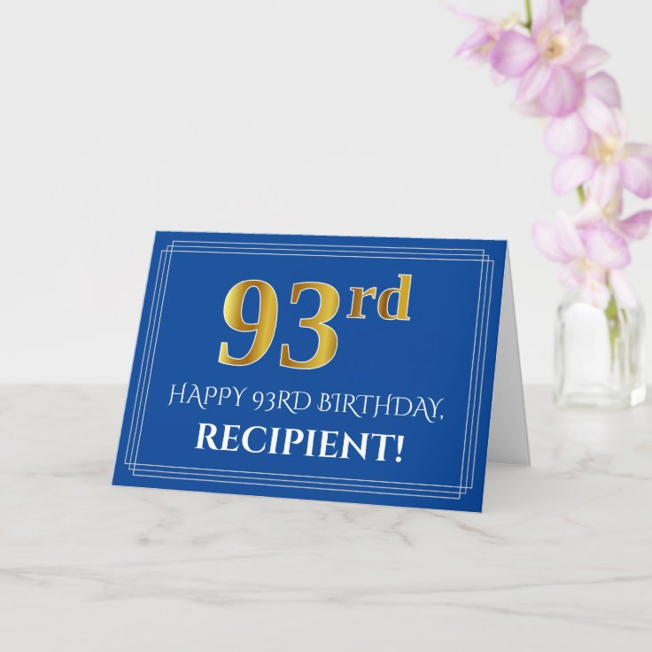 Elegant Faux Gold Look 93rd Birthday, Name (Blue) Card | Zazzle