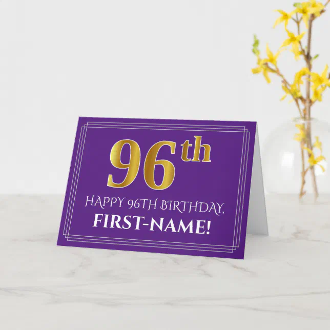 Elegant Faux Gold Look 96th Birthday, Name; Purple Card | Zazzle