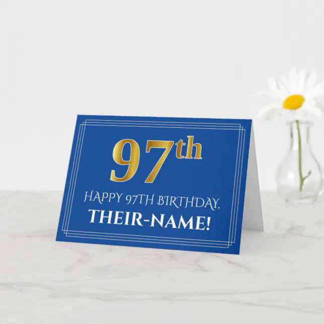 Elegant Faux Gold Look 97th Birthday, Name (Blue) Card | Zazzle