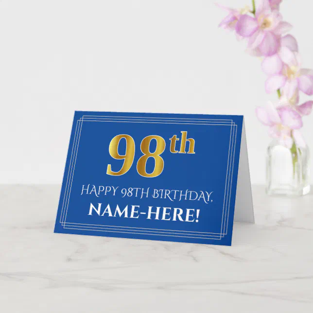 Elegant Faux Gold Look 98th Birthday, Name (Blue) Card | Zazzle
