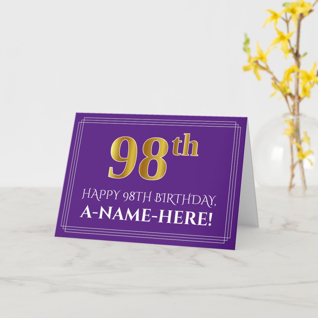 Elegant Faux Gold Look 98th Birthday, Name; Purple Card | Zazzle
