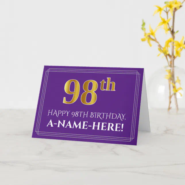 Elegant Faux Gold Look 98th Birthday, Name; Purple Card | Zazzle