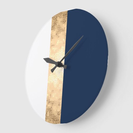 elegant faux gold, navy blue, white stripes large clock | Zazzle