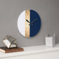 elegant faux gold, navy blue, white stripes large clock | Zazzle