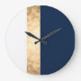 elegant faux gold, navy blue, white stripes large clock | Zazzle