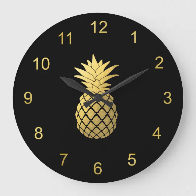 Elegant Faux Gold Pineapple on Black Large Clock | Zazzle