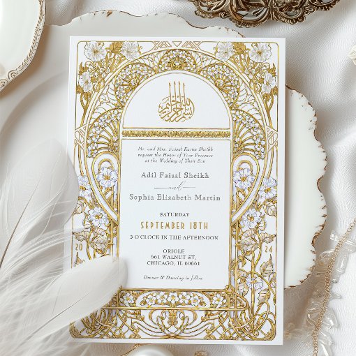 Elegant Faux Gold & White Islamic Wedding Invitation | Zazzle