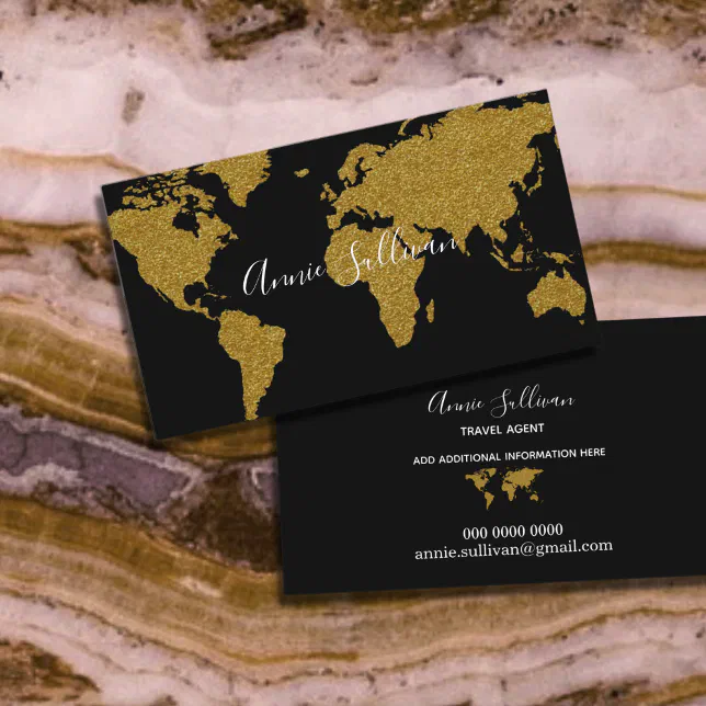 Elegant Faux Gold World Map Black Travel Agent Business Card | Zazzle