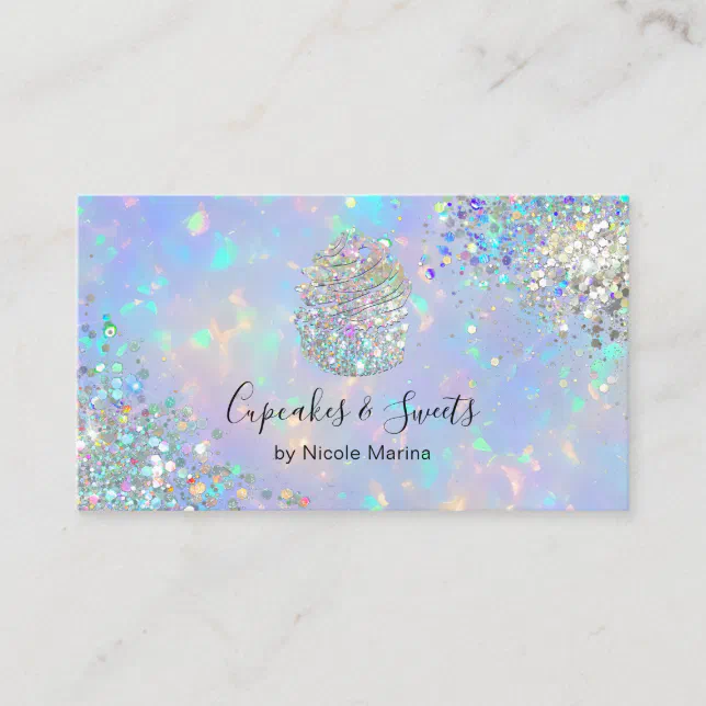 Elegant Faux Holographic Rainbow Glitter Cupcake Business Card | Zazzle