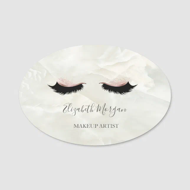 Elegant Faux Lashes, White Marble Makeup artist Name Tag | Zazzle