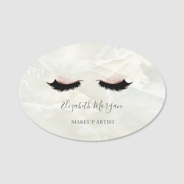 Elegant Faux Lashes, White Marble Makeup artist Name Tag | Zazzle