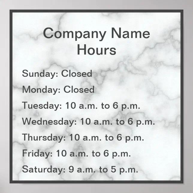 Elegant Faux Marble Hours of Operation Poster | Zazzle
