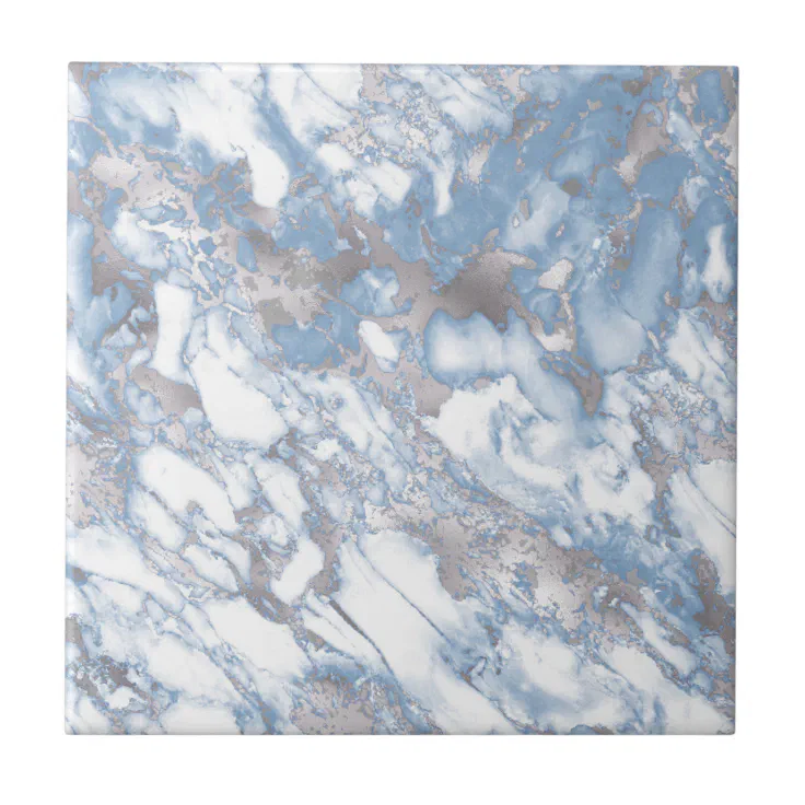 Elegant Faux Marble White Dusty Blue Silver Ceramic Tile | Zazzle