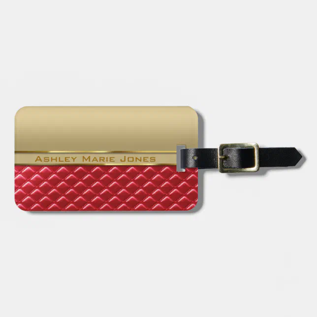 Elegant Faux Metallic Gold Quilted Red Leather Luggage Tag | Zazzle