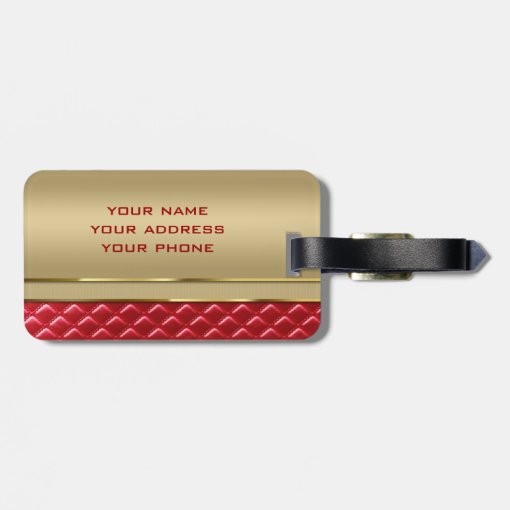 Elegant Faux Metallic Gold Quilted Red Leather Luggage Tag | Zazzle