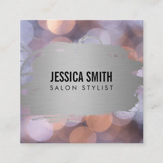 Elegant Faux Metallic Silver Brushed | Bokeh Square Business Card | Zazzle