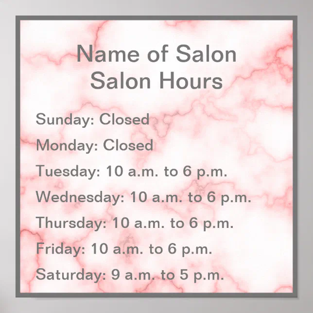 Elegant Faux Pink Marble Hours of Operation Poster | Zazzle