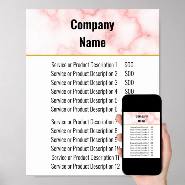 Elegant Faux Pink Marble Price List Poster | Zazzle