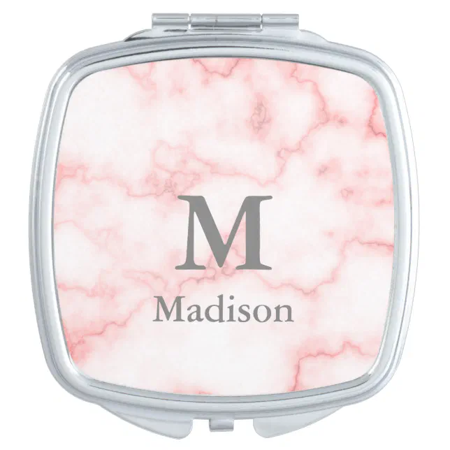 Elegant Faux Pink Marble with Name & Monogram Compact Mirror | Zazzle