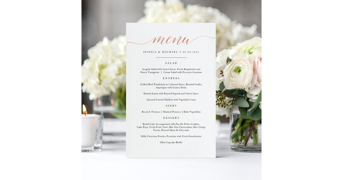 Elegant Faux Rose Gold Calligraphy Menu Card | Zazzle