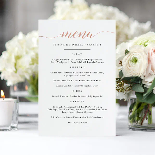 Elegant Faux Rose Gold Calligraphy Menu Card | Zazzle
