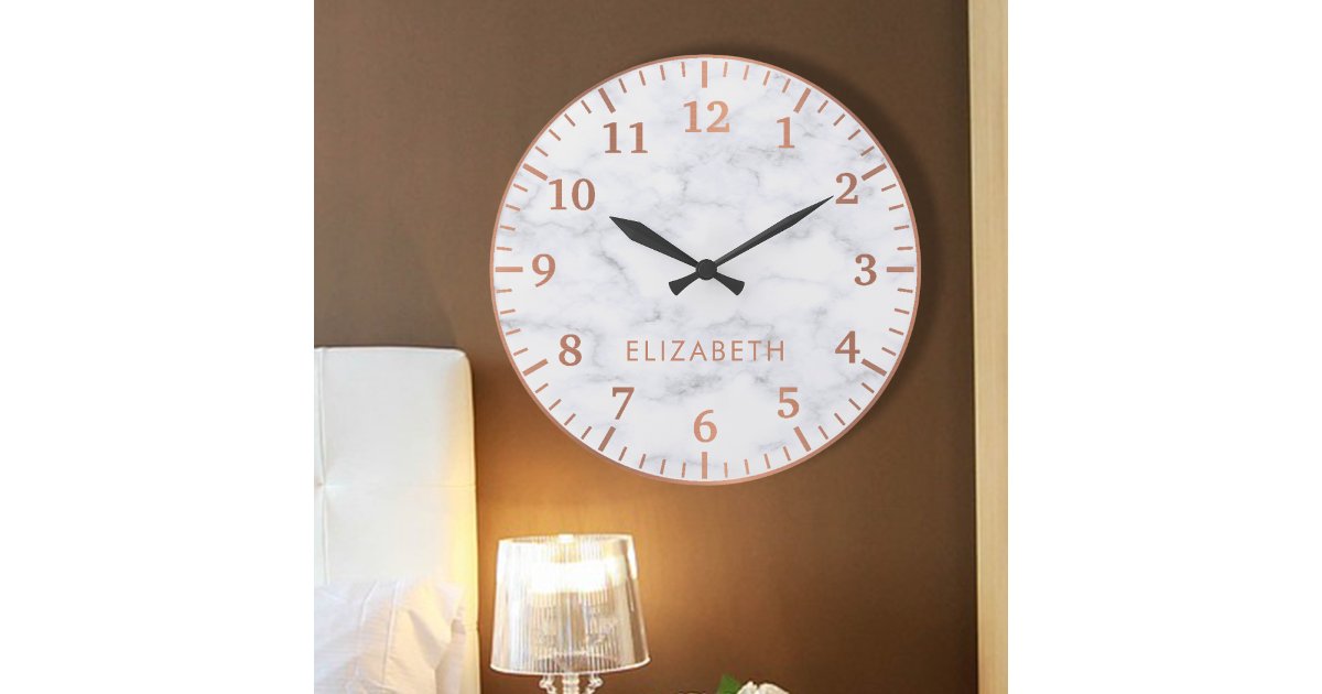 Elegant Faux Rose Gold Glamorous White Marble Large Clock | Zazzle