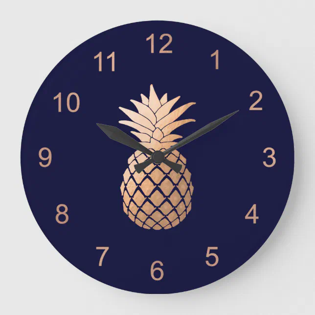 Elegant Faux Rose Gold Pineapple on Navy Blue Large Clock | Zazzle